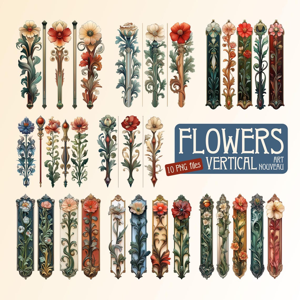 Vertical Flowers Art Nouveau Set 10 PNG, Graphic Illustration ...