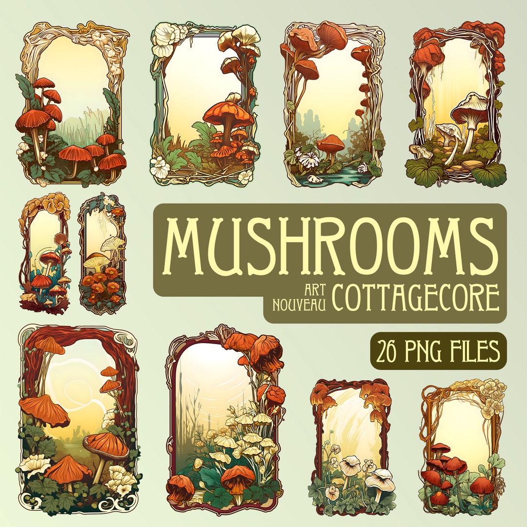 Mushrooms Frames Art Nouveau - Digital Illustration, Vintage Cover, PNG ...