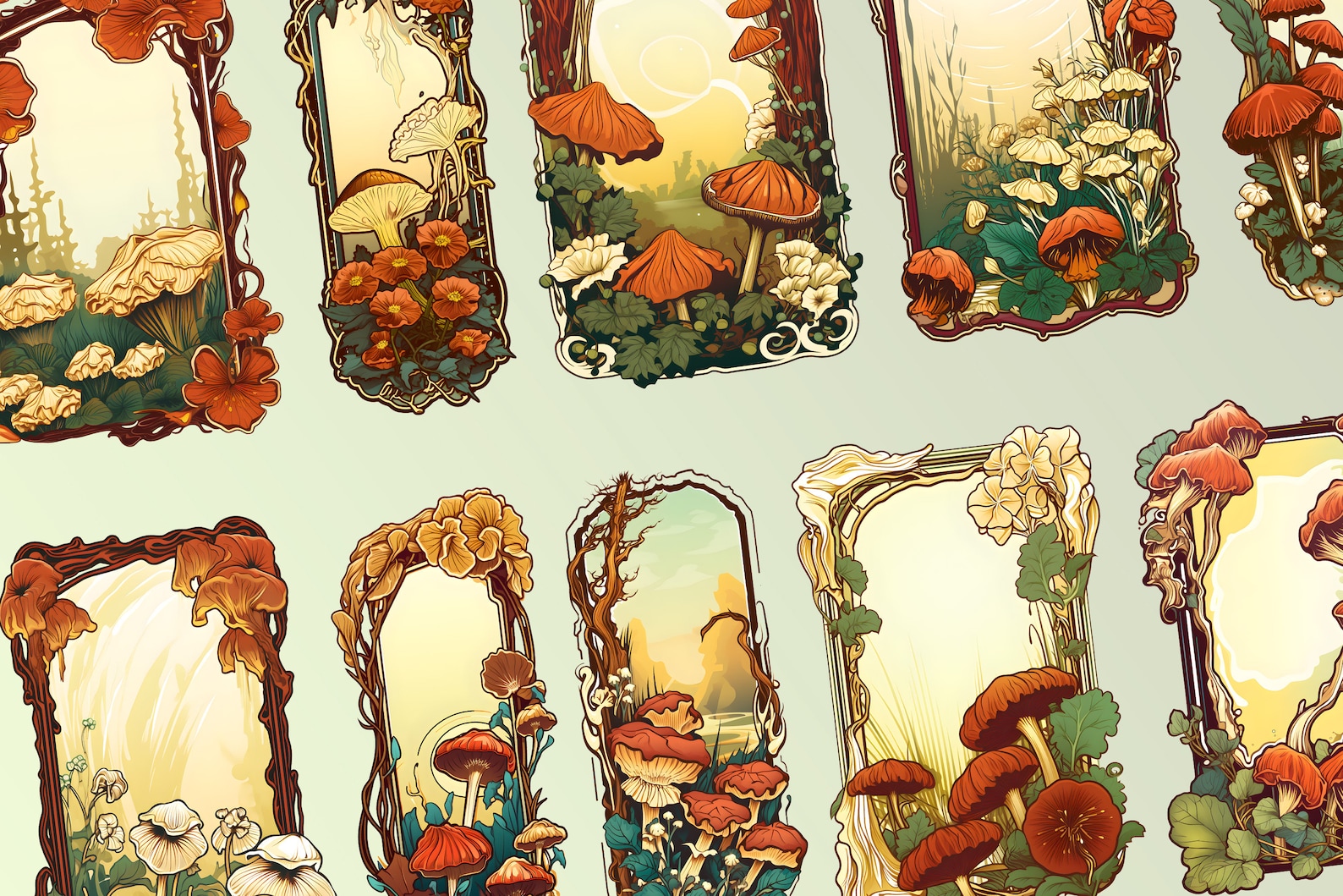 Mushrooms Frames Art Nouveau - Digital Illustration, Vintage Cover, PNG ...