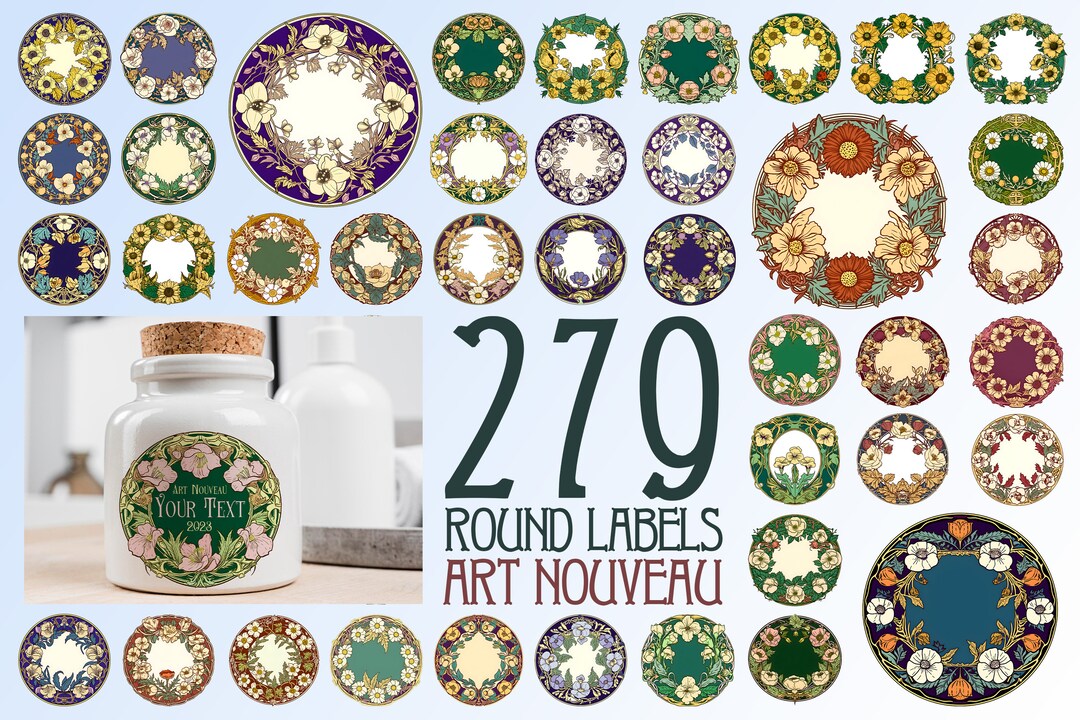 279 Round Labels Art Nouveau - Digital Illustration, Vintage Cover, PNG ...