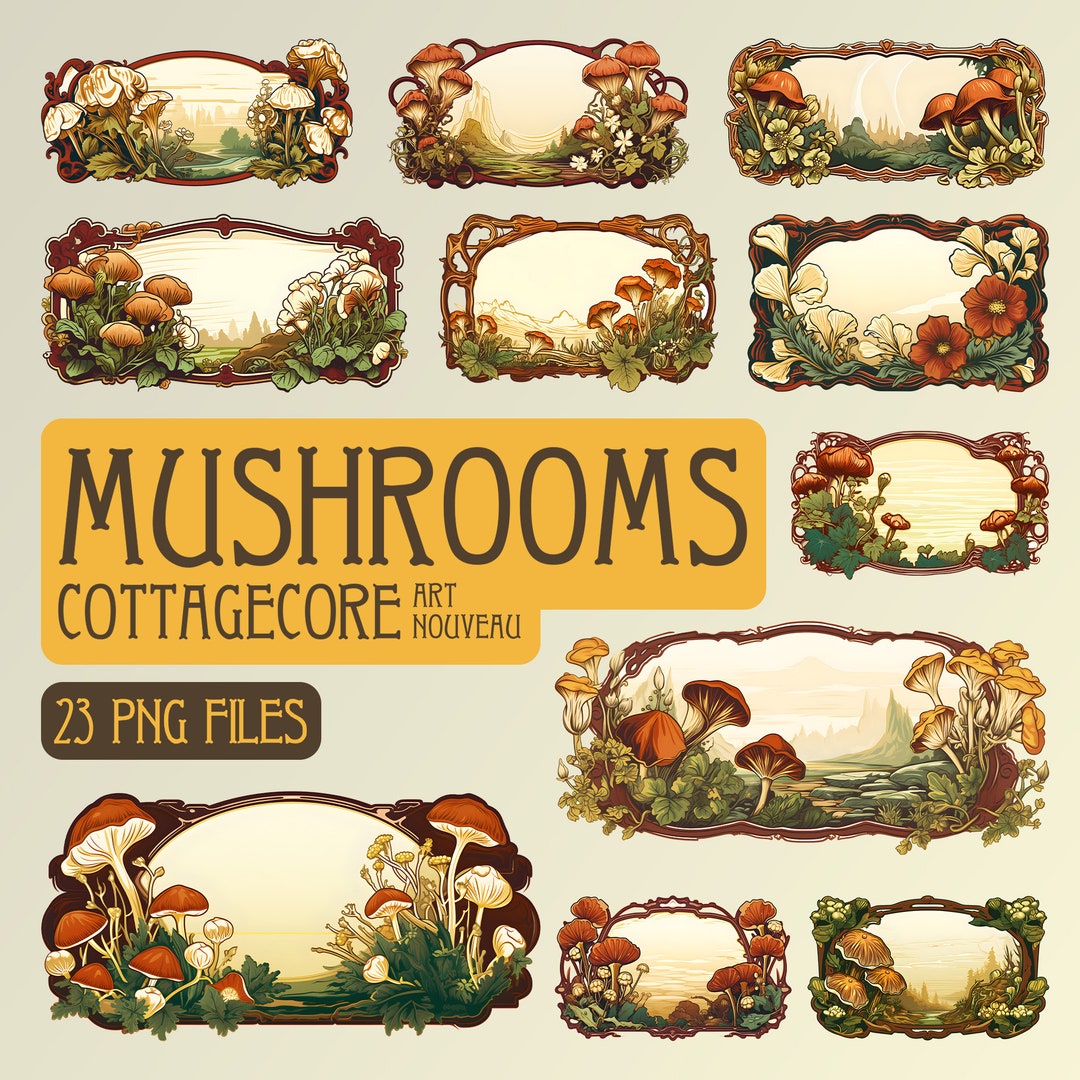 Mushrooms Labels Art Nouveau - Digital Illustration, Vintage Cover, PNG ...