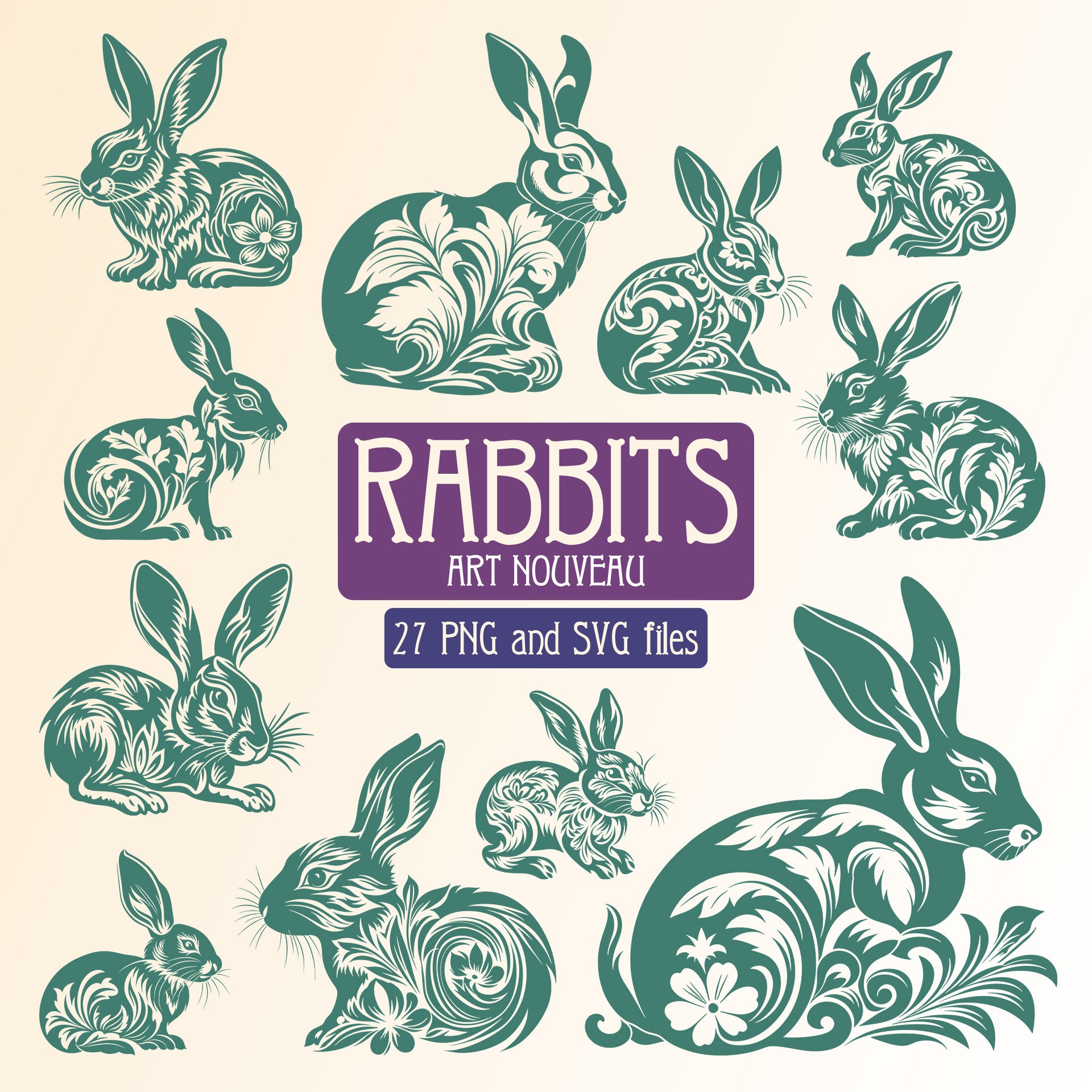 Rabbits Art Nouveau 27 PNG & SVG Set, Vector Illustration, Transparent ...