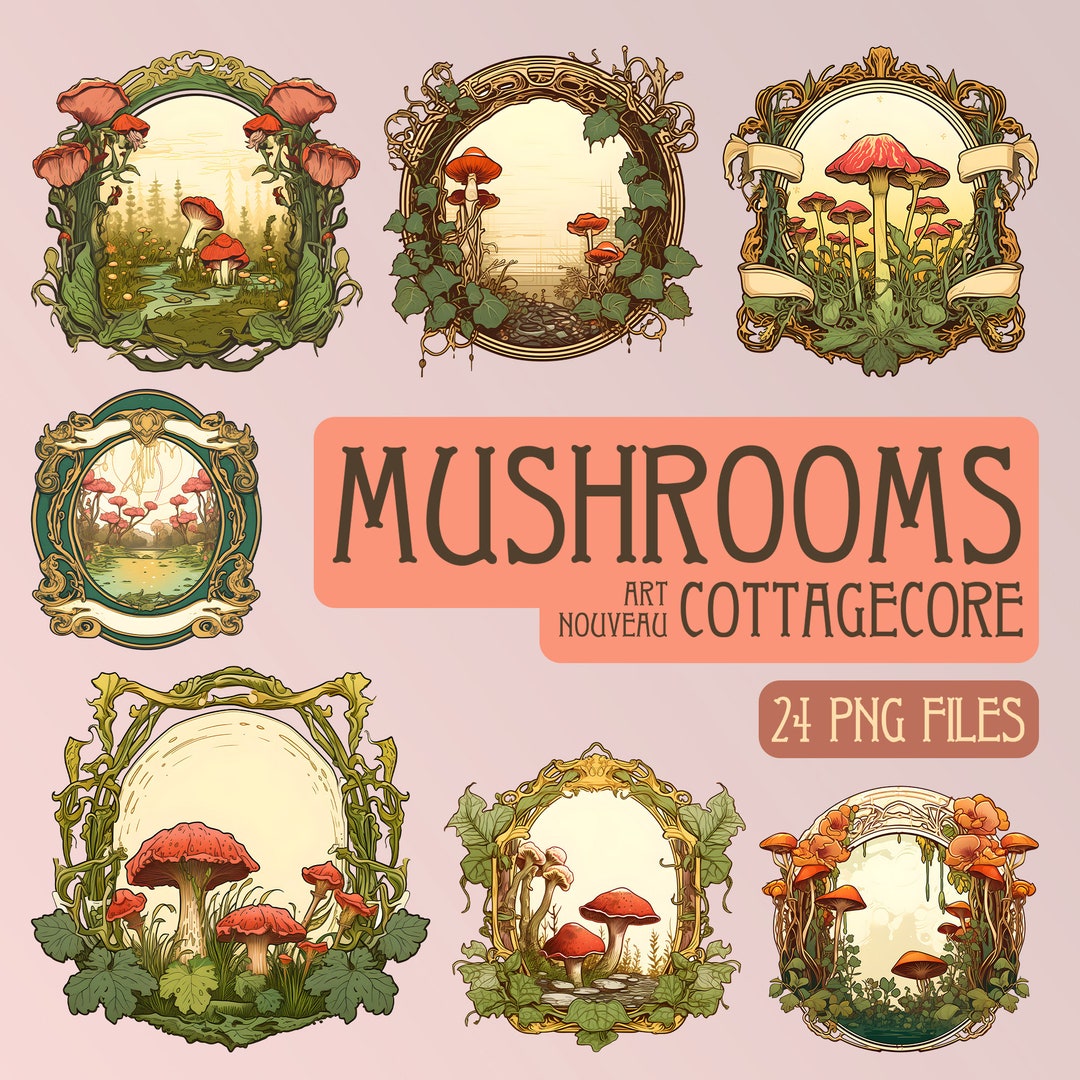 Mushrooms Labels Art Nouveau - Digital Illustration, Vintage Cover, PNG ...