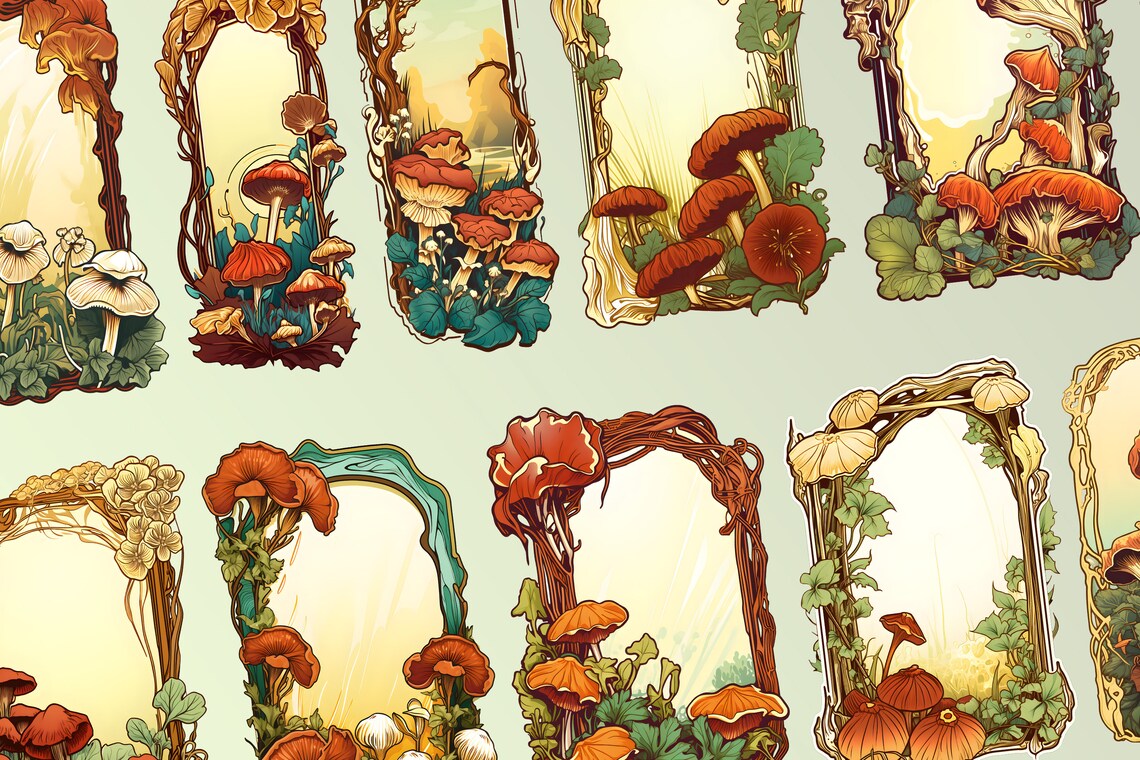 Mushrooms Frames Art Nouveau - Digital Illustration, Vintage Cover, PNG ...