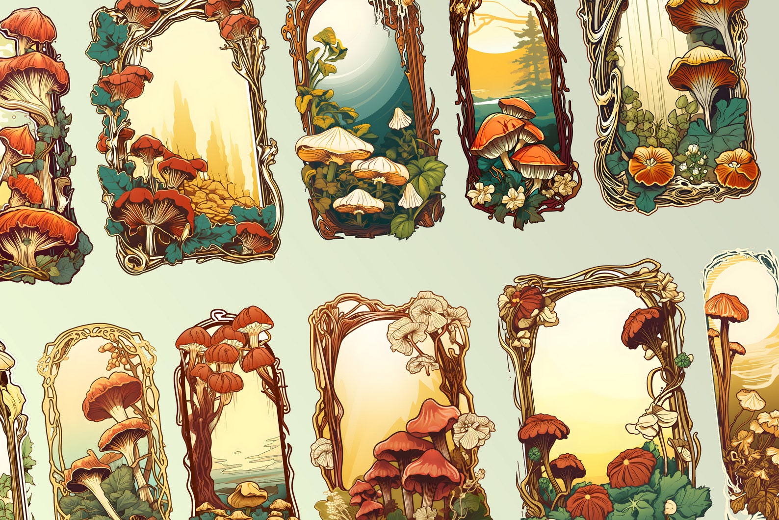 Mushrooms Frames Art Nouveau - Digital Illustration, Vintage Cover, PNG ...