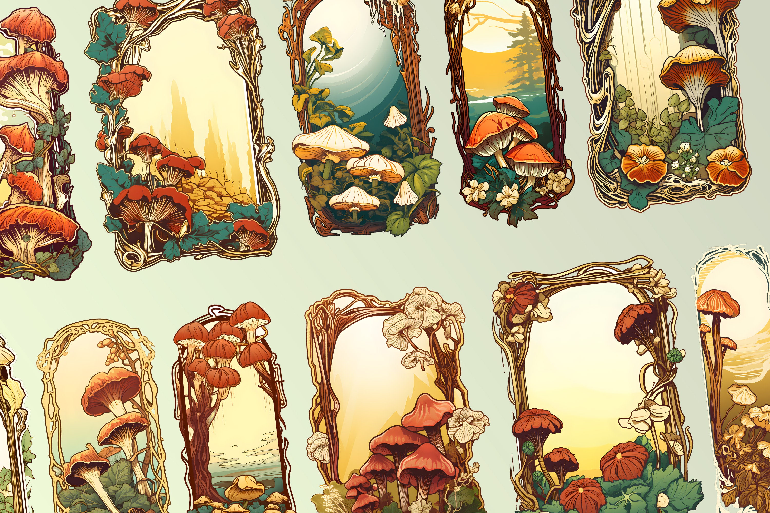 Mushrooms Frames Art Nouveau - Digital Illustration, Vintage Cover, PNG ...