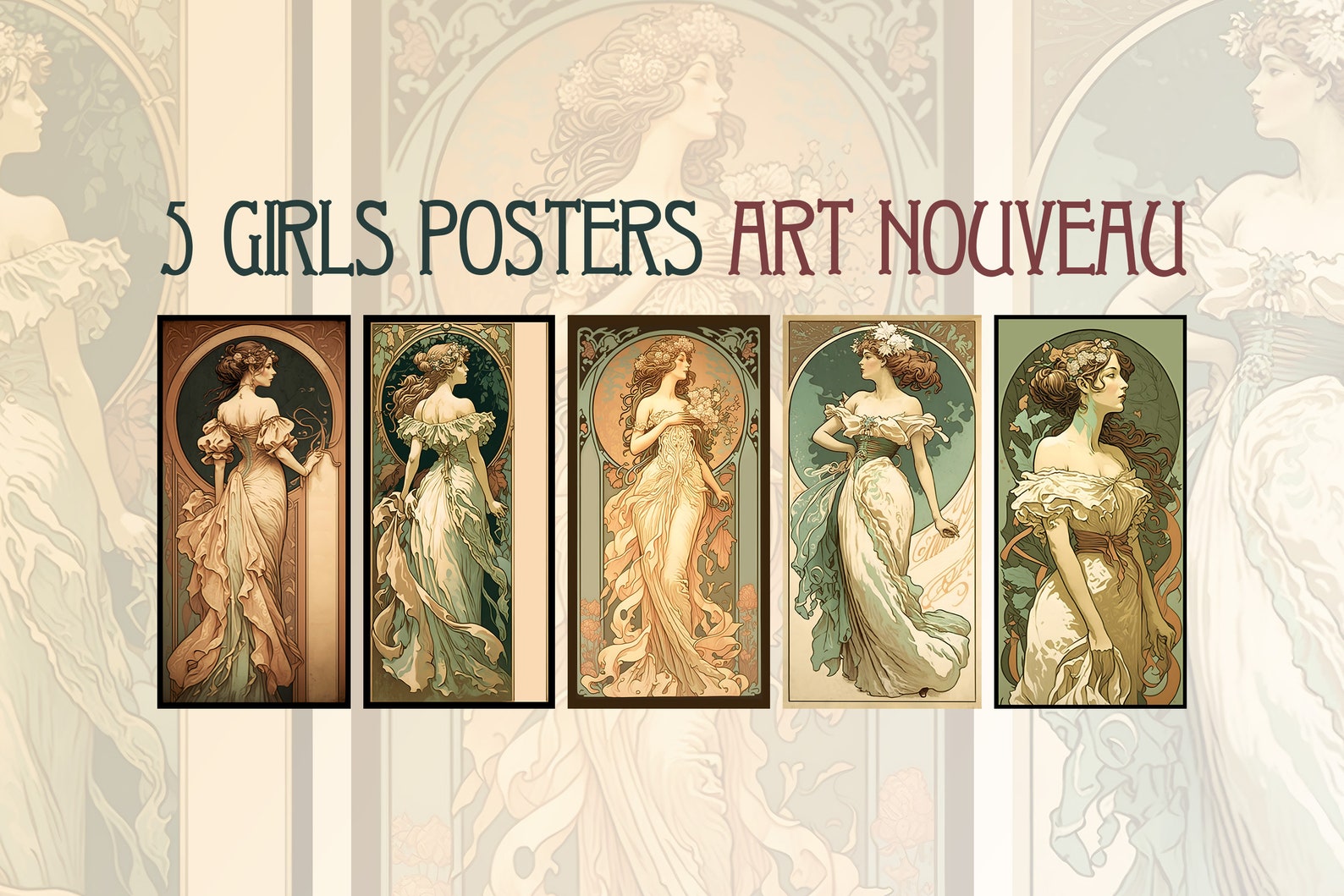 5 Girls Posters Art Nouveau - Digital Illustration, Vintage Cover, JPG ...