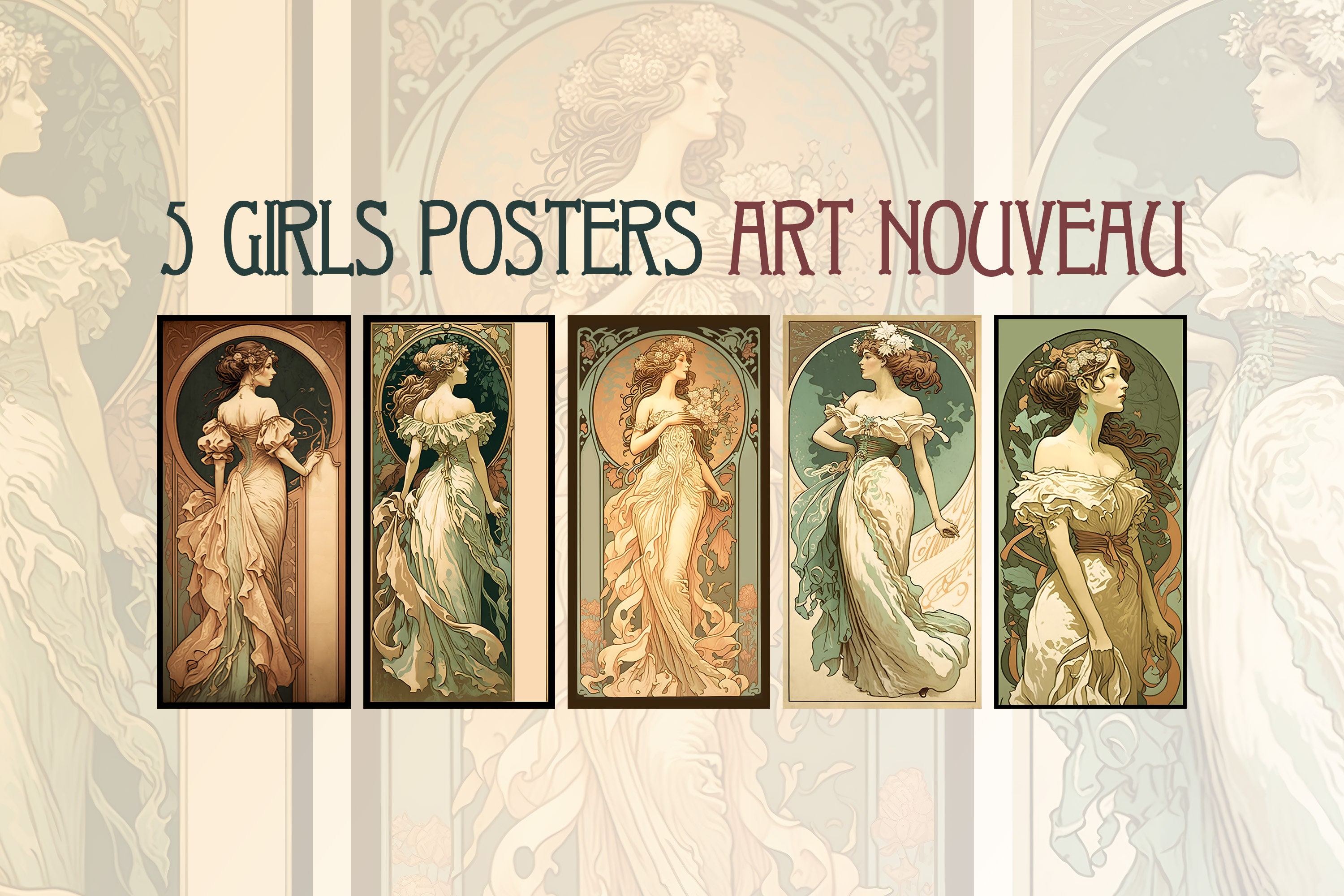 5 Girls Posters Art Nouveau - Digital Illustration, Vintage Cover, JPG ...