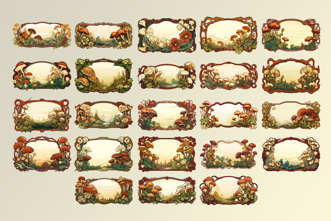 Mushrooms Labels Art Nouveau - Digital Illustration, Vintage Cover, PNG ...