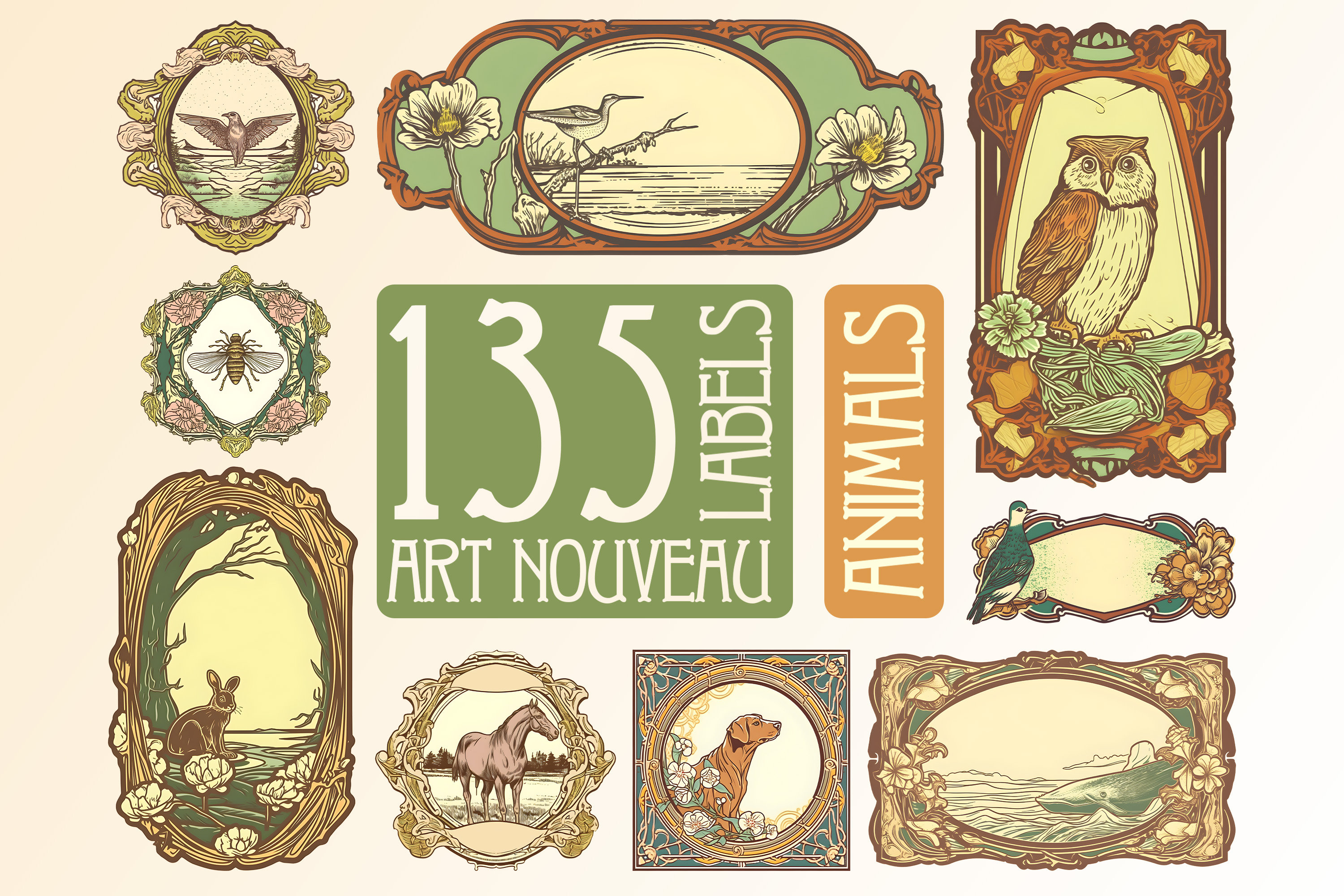 Art Nouveau Digital Labels With Animals for Wedding Invitations and ...