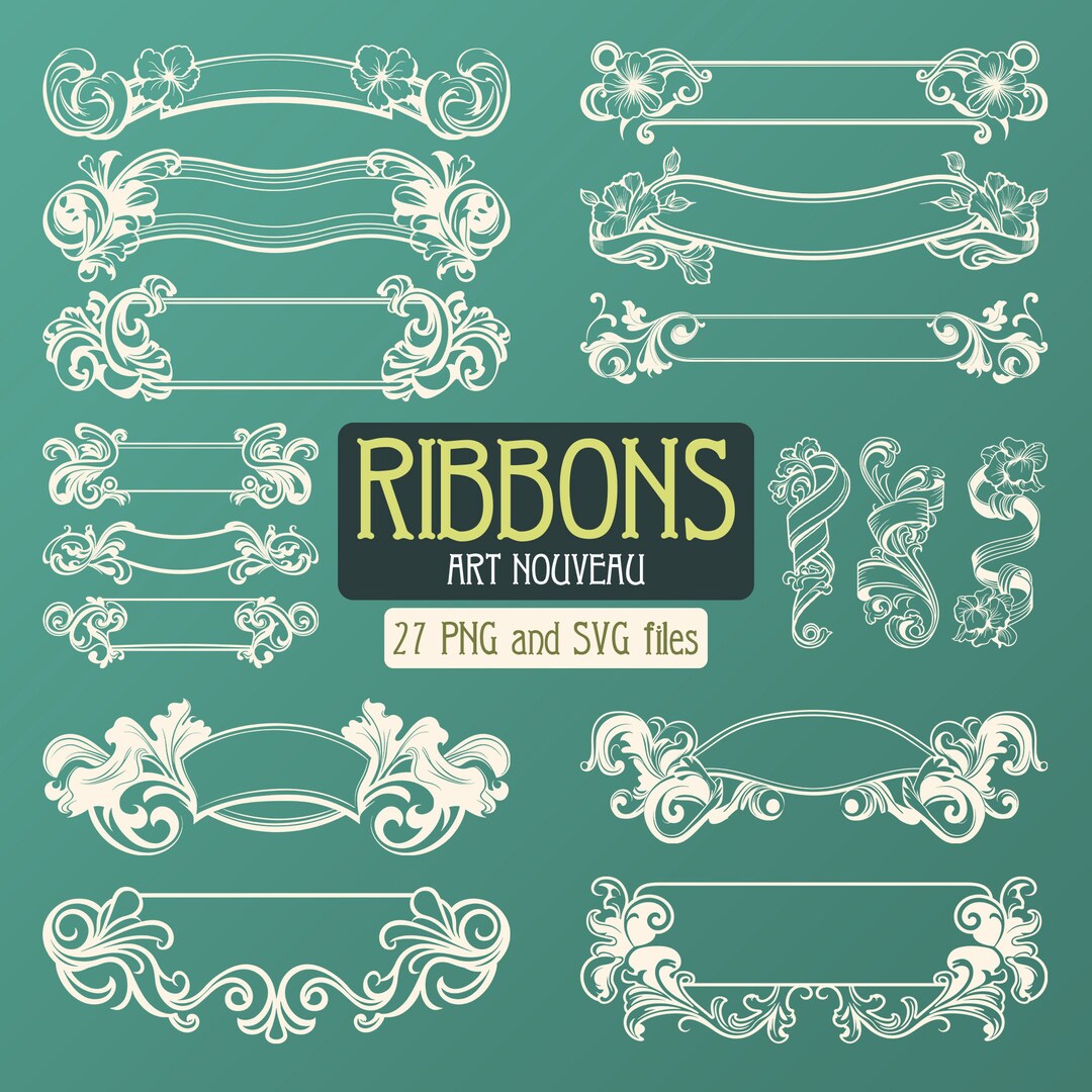 Ribbons Art Nouveau 27 PNG & SVG Set, Vector Illustration, Transparent Background, Vintage ...