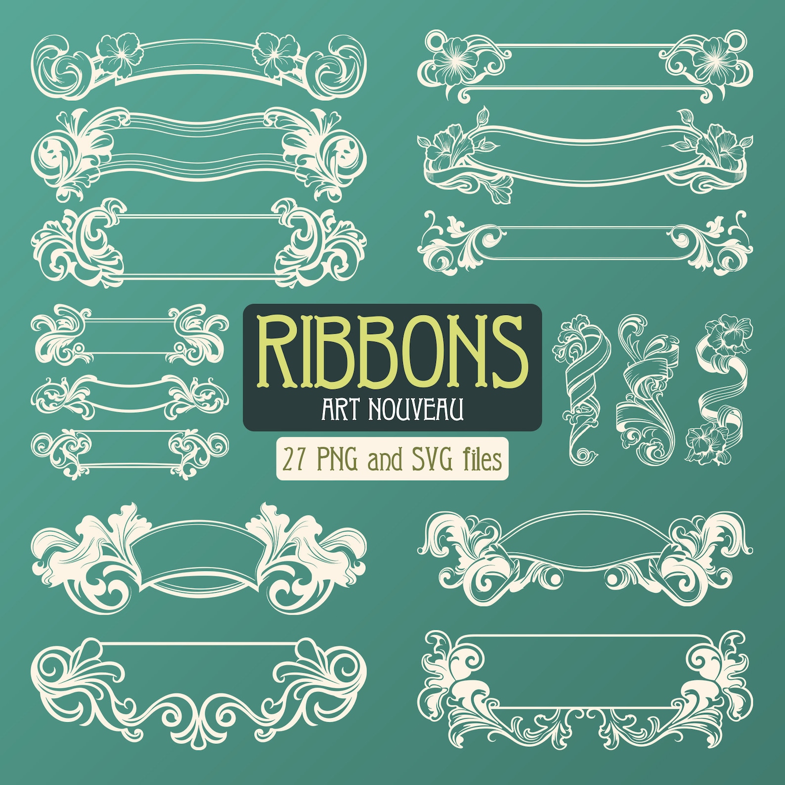 Ribbons Art Nouveau 27 PNG & SVG Set, Vector Illustration, Transparent ...