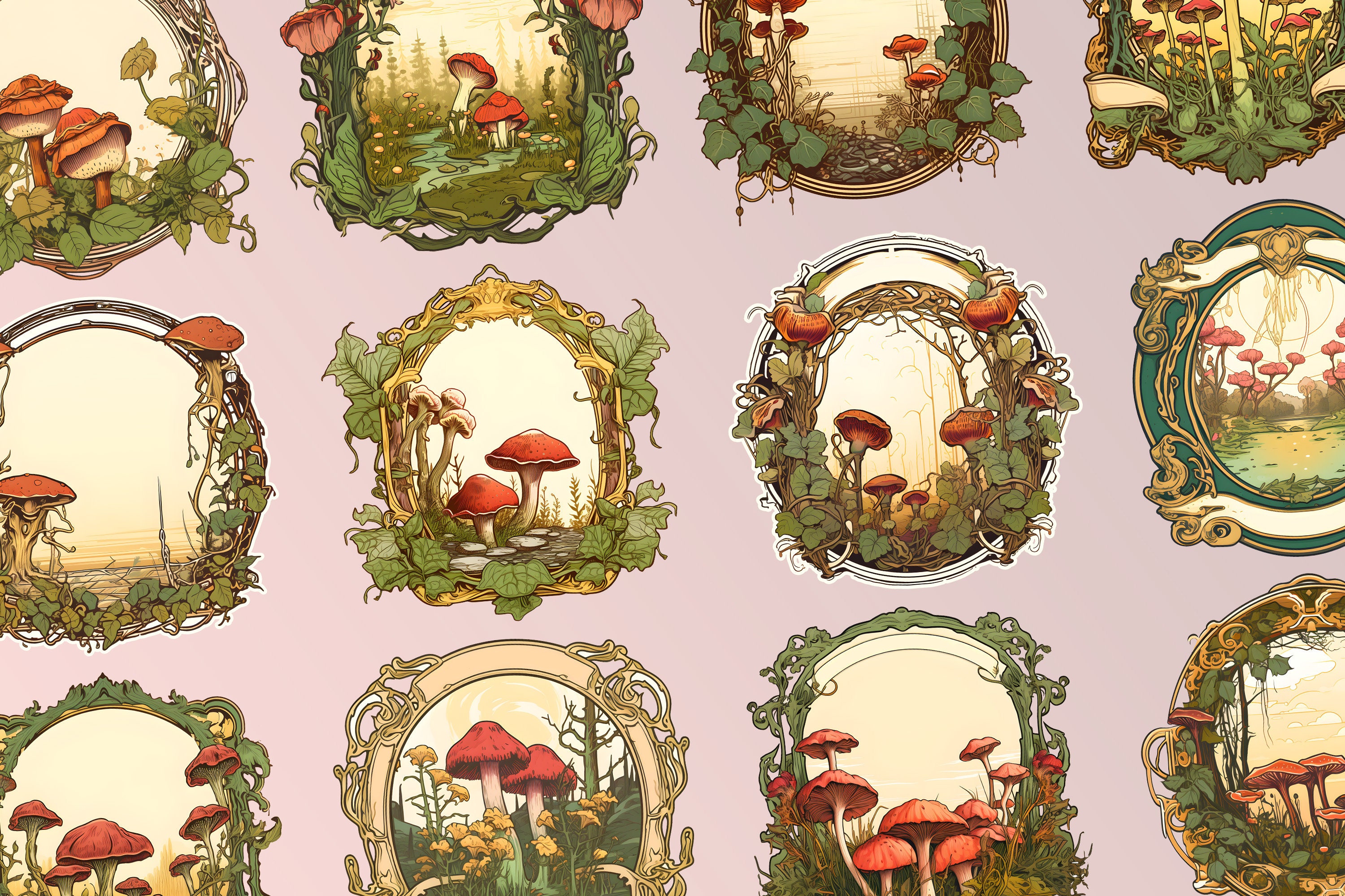 Mushrooms Labels Art Nouveau - Digital Illustration, Vintage Cover, PNG ...