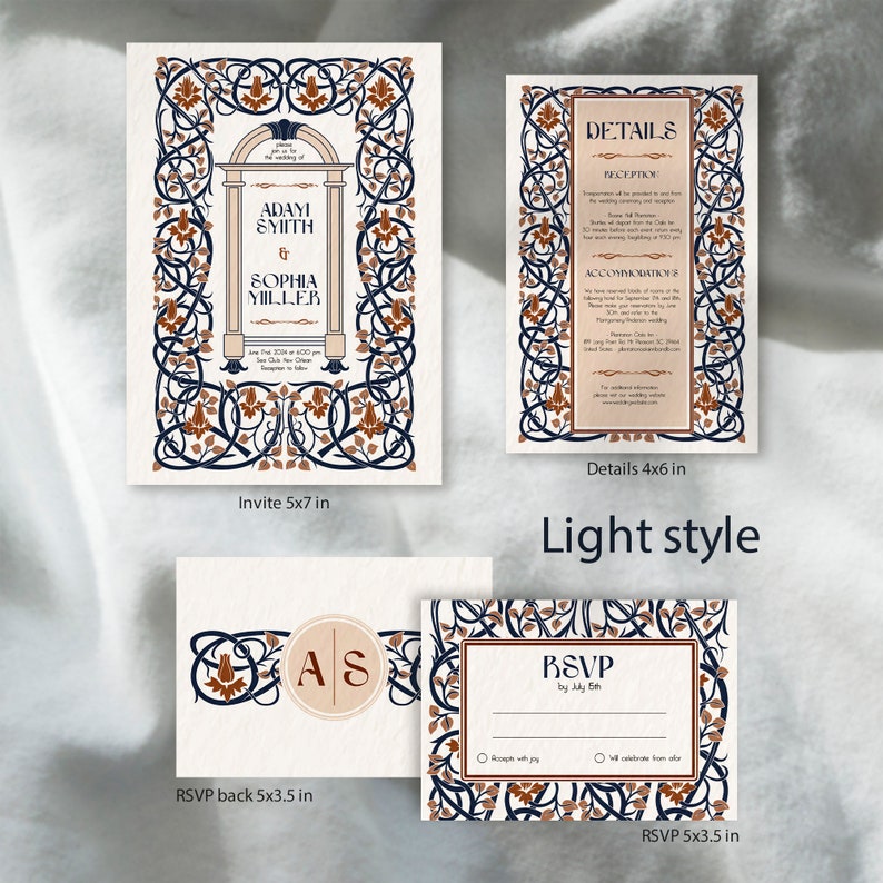 Elegant Art Nouveau Wedding Invitation Set With Vintage Floral Design and Whimsical Details Card ...