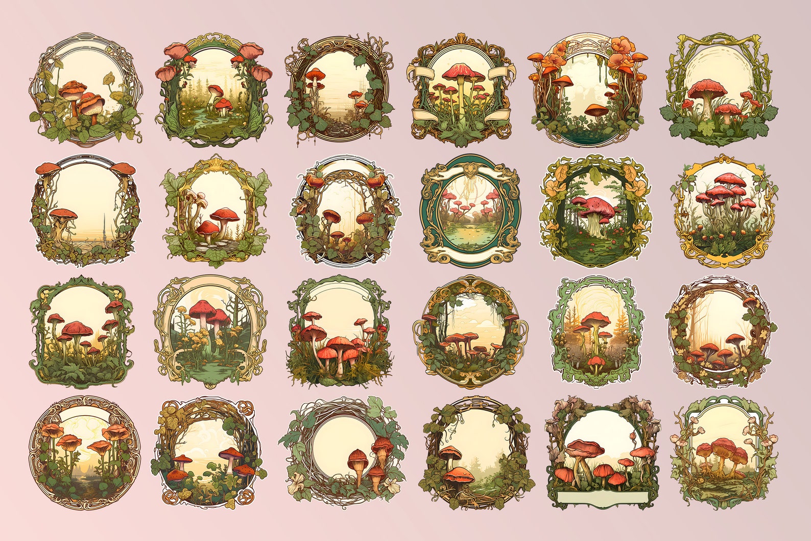 Mushrooms Labels Art Nouveau - Digital Illustration, Vintage Cover, PNG ...
