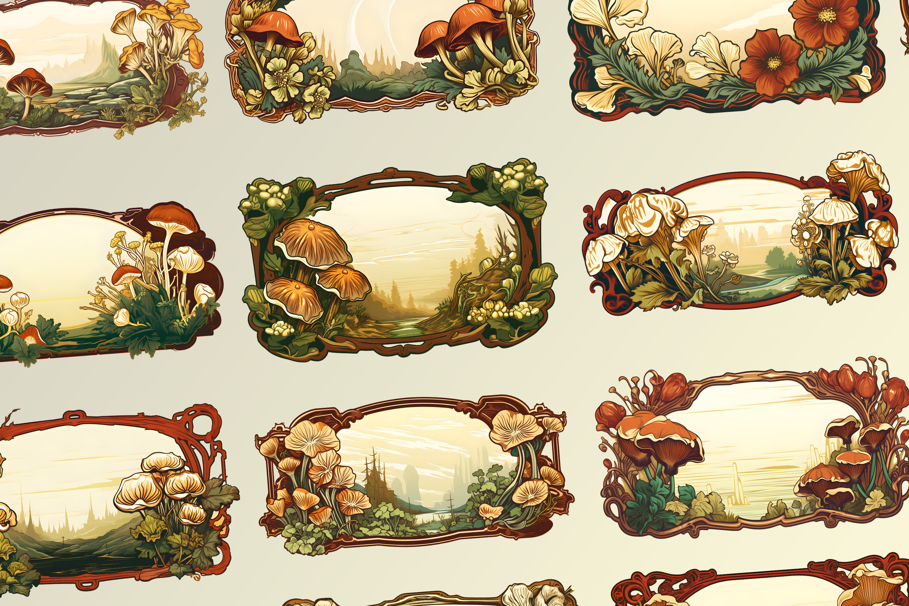 Mushrooms Labels Art Nouveau - Digital Illustration, Vintage Cover, PNG ...