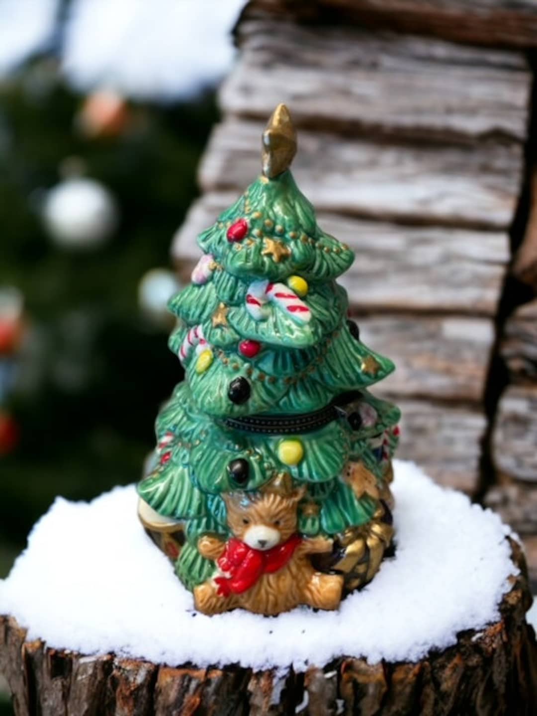 Vintage Hinged Ceramic Hand Painted Christmas Tree Trinket Box Colorful ...