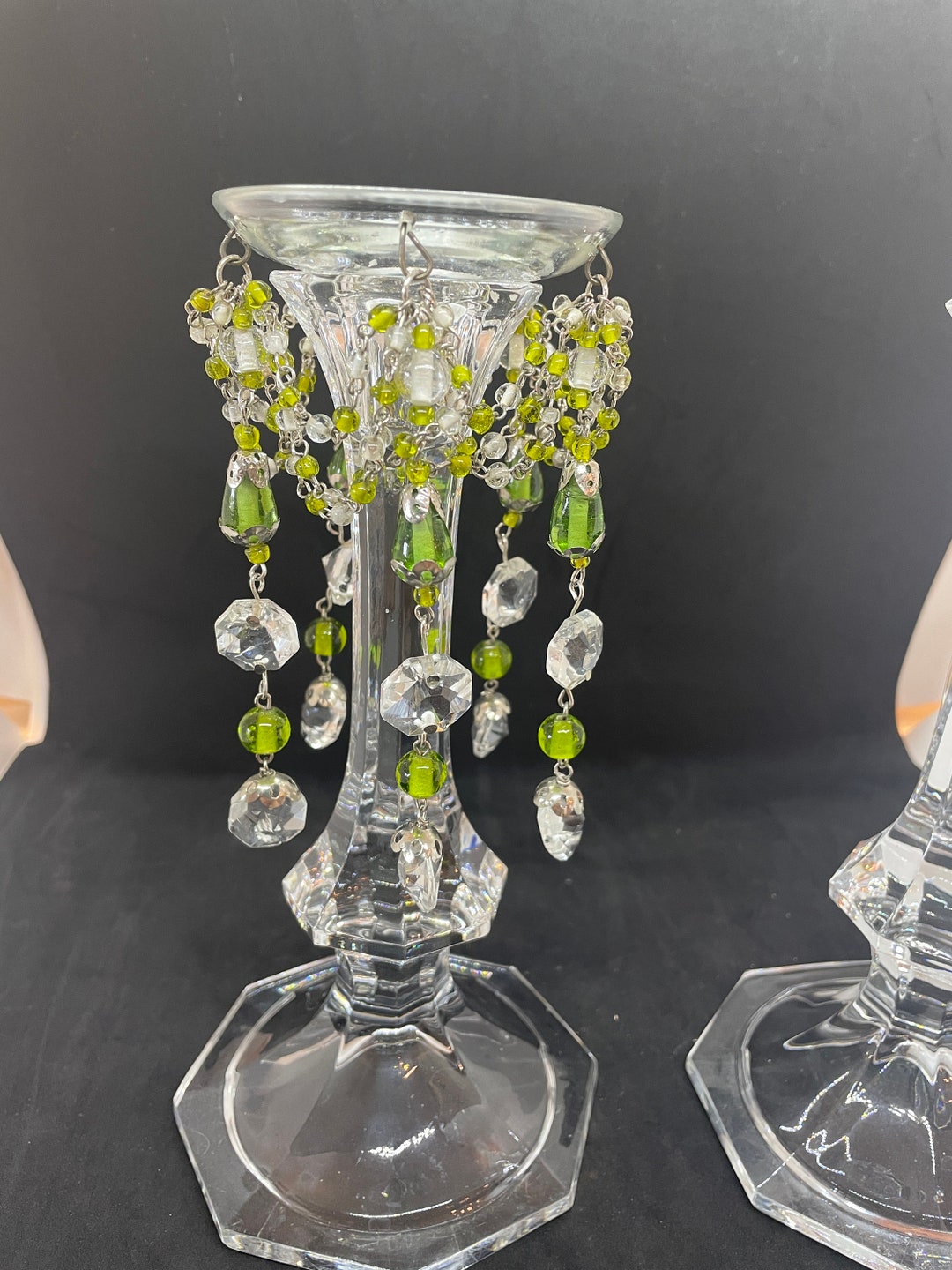 Vintage Glass Bobeche With Clear and Green Beaded teardrops Wax Catcher ...