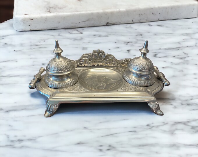 Antique Footed Double Inkwell Inkstand Desk Set - Etsy