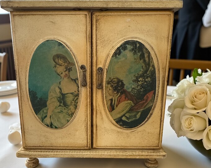 Vintage Wooden Musical Jewelry Cabinet Box With Romantic Victorian Art ...