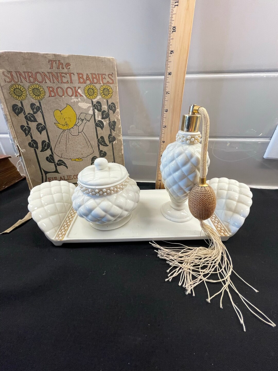 Vintage AVON Vanity Set White With Faux Pearls Quilted Design Puff ...