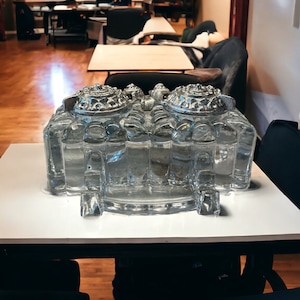 Antique Tatum Crystal and Metal Letter Dual Inkwell Ink Stand Desk Set ...