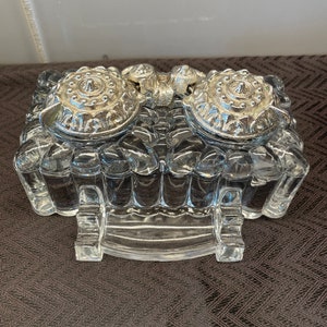Antique Tatum Crystal and Metal Letter Dual Inkwell Ink Stand Desk Set ...