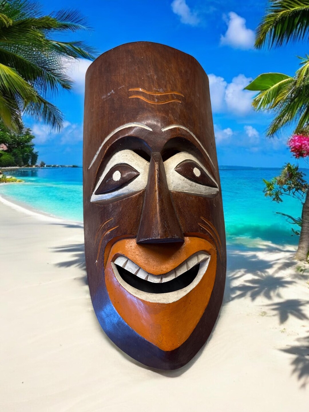 Vintage Polynesian Smiling Wood Mask, 60's Wall Art, Mid Century Decor ...