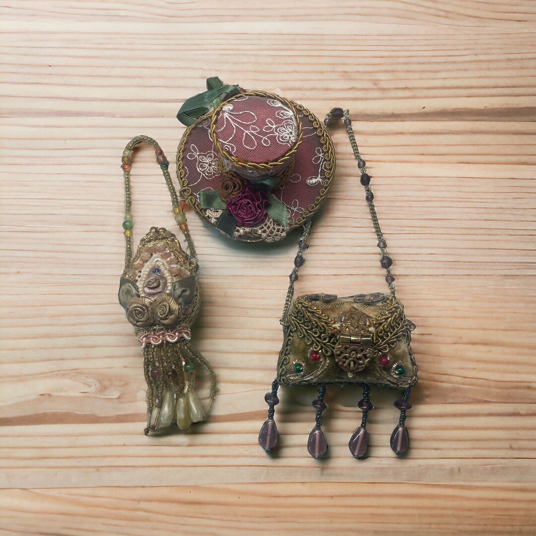 Three Victorian Rose Beaded Fringed Lace Handbags Purses/hat Ornaments ...