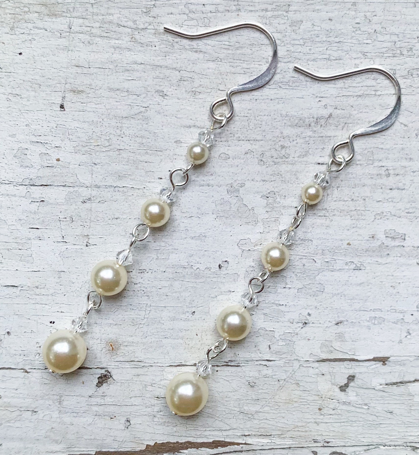 White Pearl Bead Earrings. Silver Statement Earrings. Dangle Drop ...