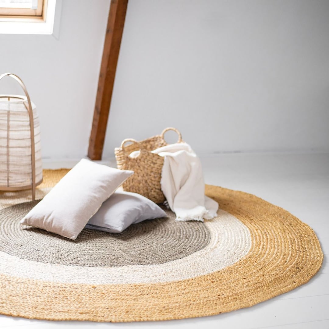Braided Jute Rug White & Gray Jute Round Rug 90cm 150cm 200cm 250cm ...