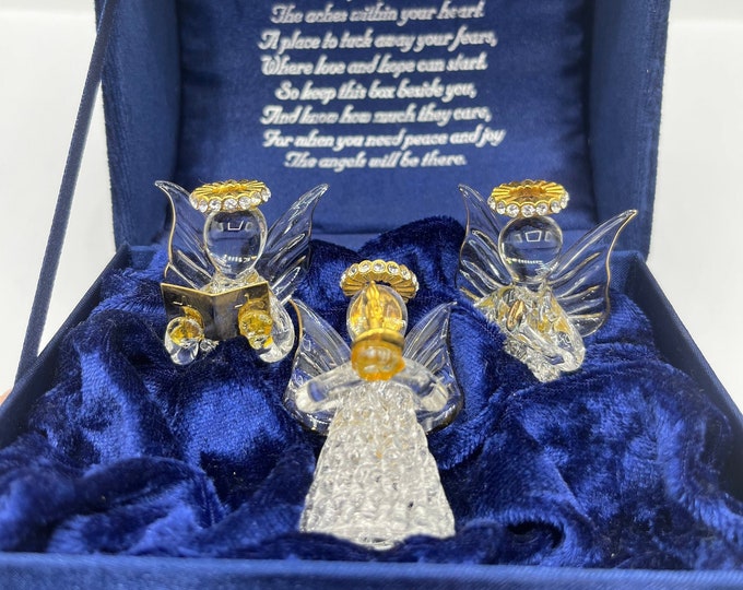Musical Blue Velvet Worry Box With 3 Handcrafted Angels Accented in ...