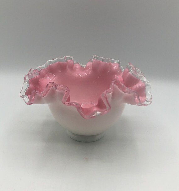 Fenton Silver Crest Milk Glass and Pink Ruffled Rim Bowl. | Etsy