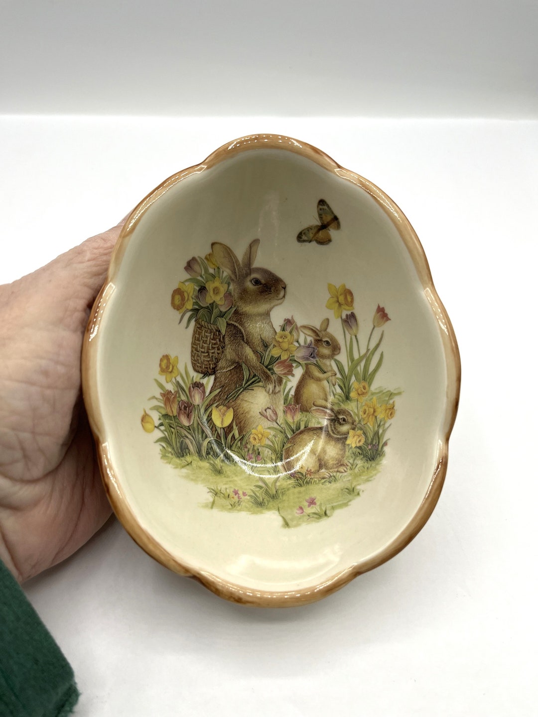 Small Porcelain Easter Candy Dish Bunnies Flowers and Butterfly From ...