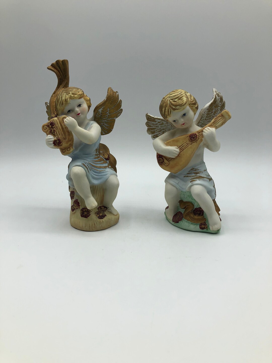 Vintage Porcelain Bisque Angels Playing Musical Instruments - One With ...
