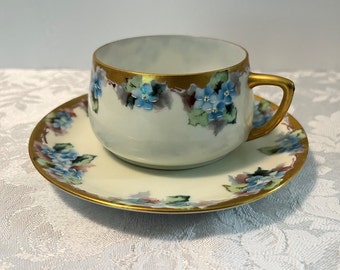 Antique Silesia Fine Bone China Cup and Saucer Purple Violets and Gold Gilt Trim Circa Late ...
