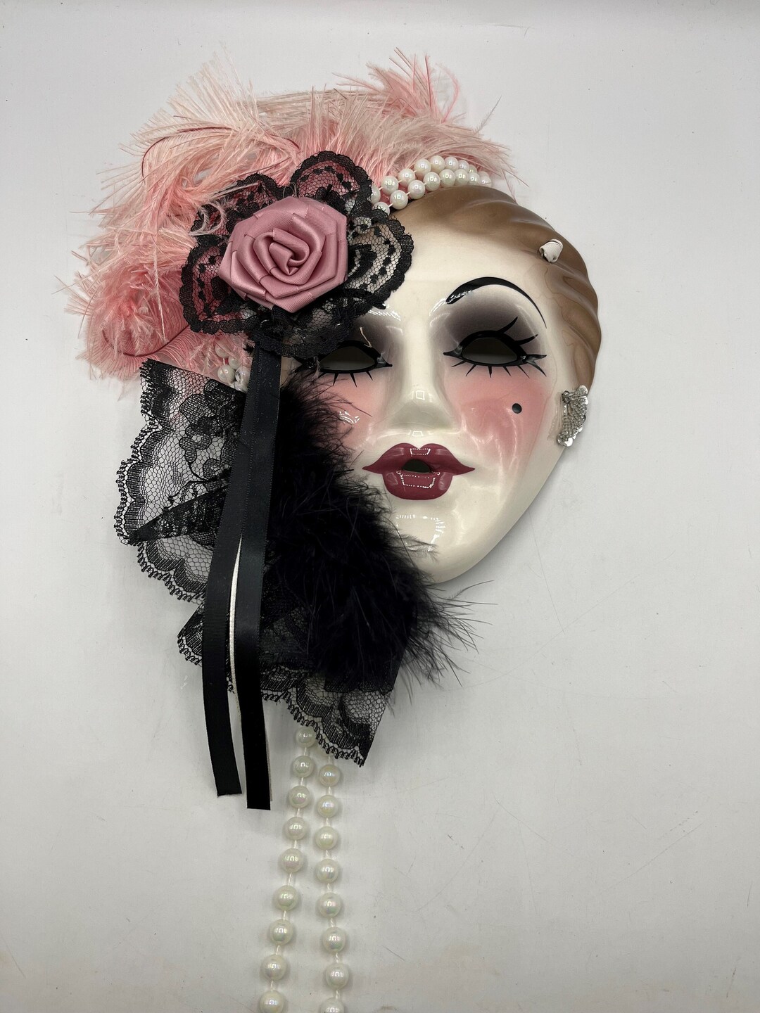 Clay Art Mardi Gras Mask. Lovely Lady With Pink and Black Feathers ...