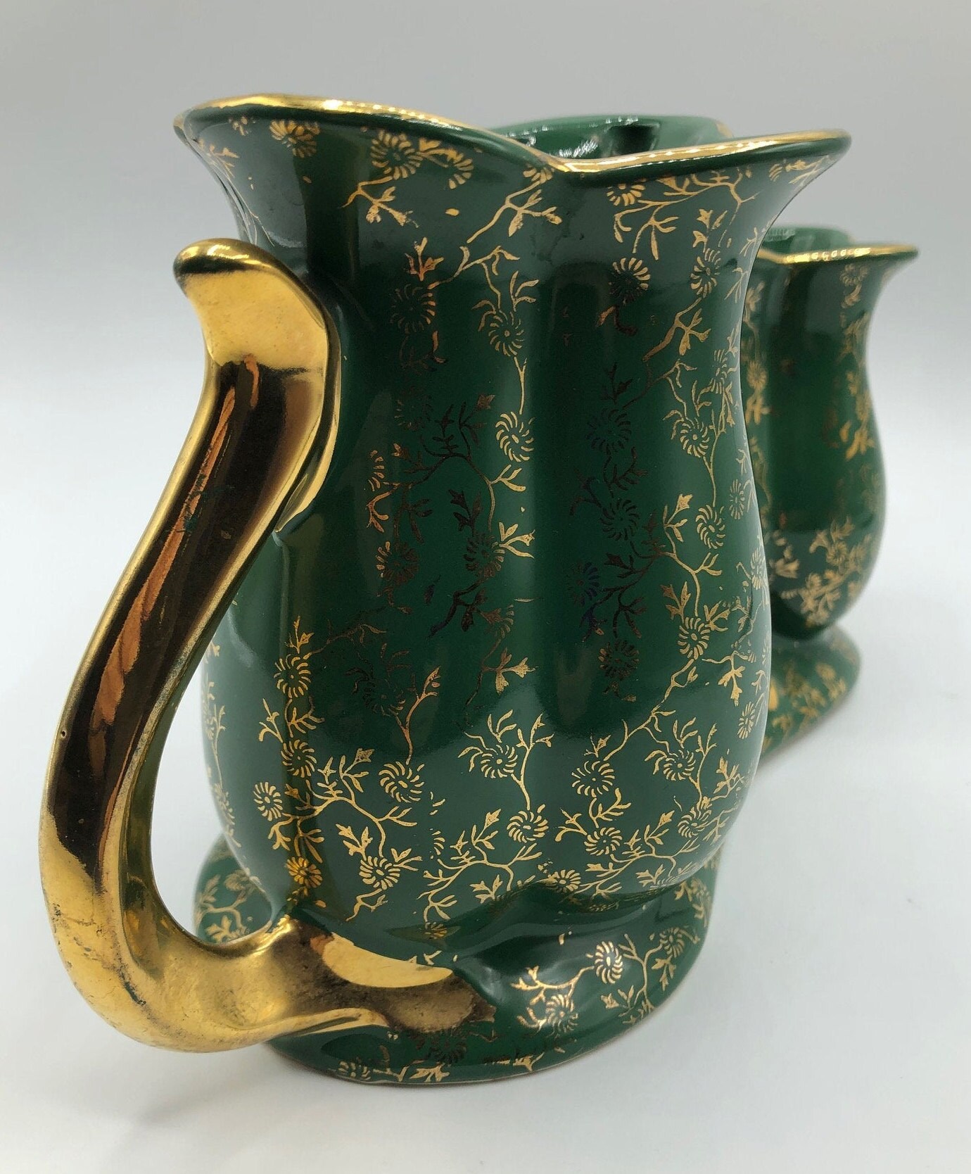 Green Double Vase With 22 K Gold by Pearl China Co. Made in USA. 3.75 ...
