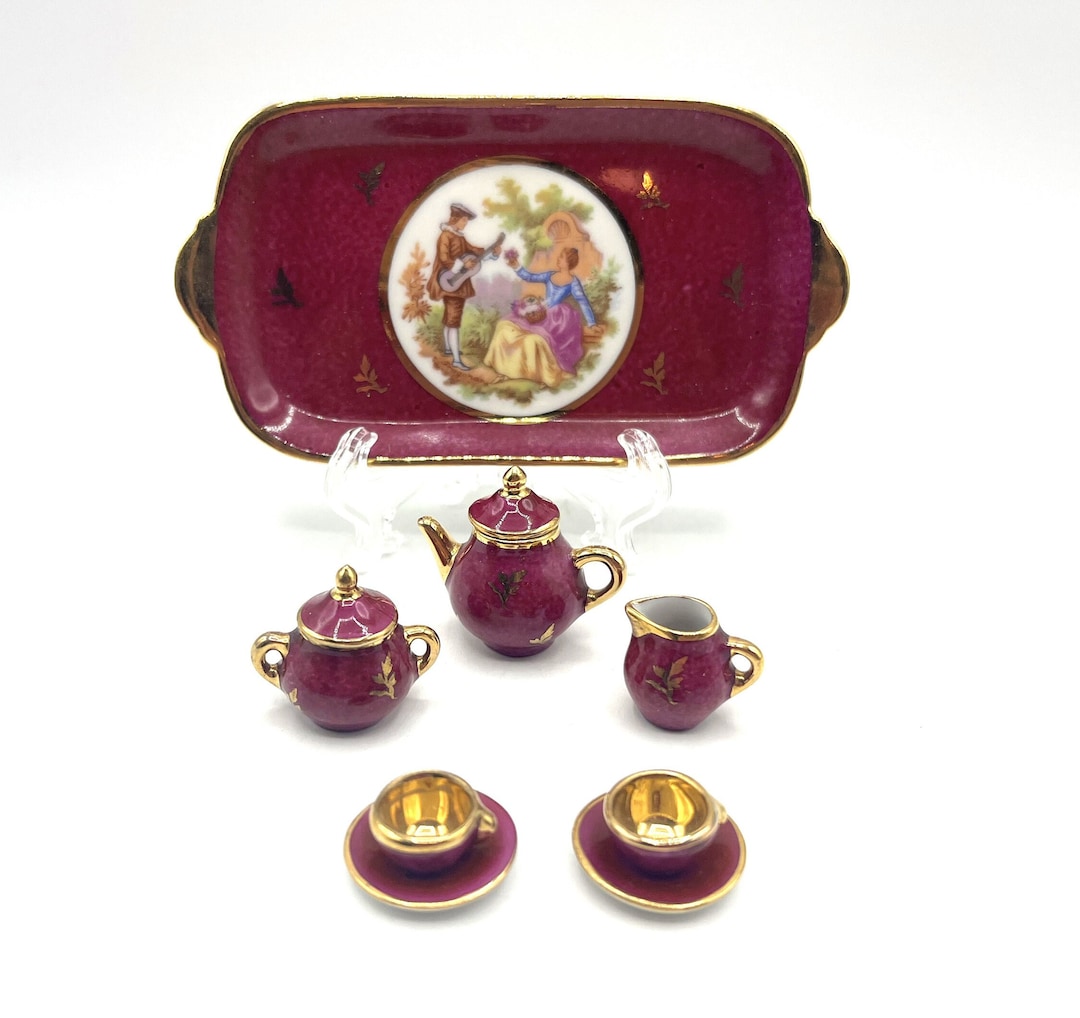 Limoges France Miniature Tea Set Teapot Creamer Sugar Bowl W Lid 2 Cups ...