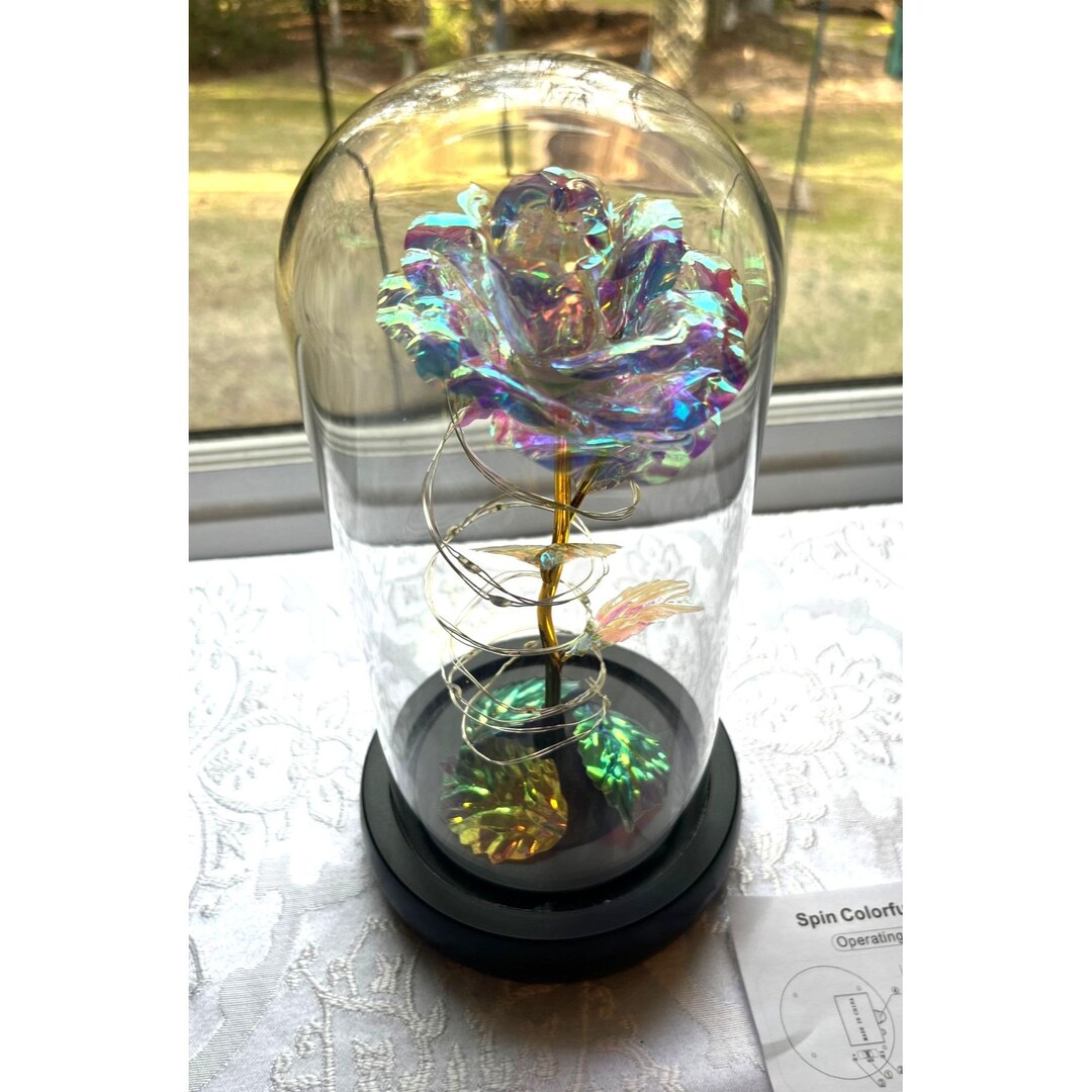 Led Light-up Iridescent Rose in Glass Dome Display on Black Base ...