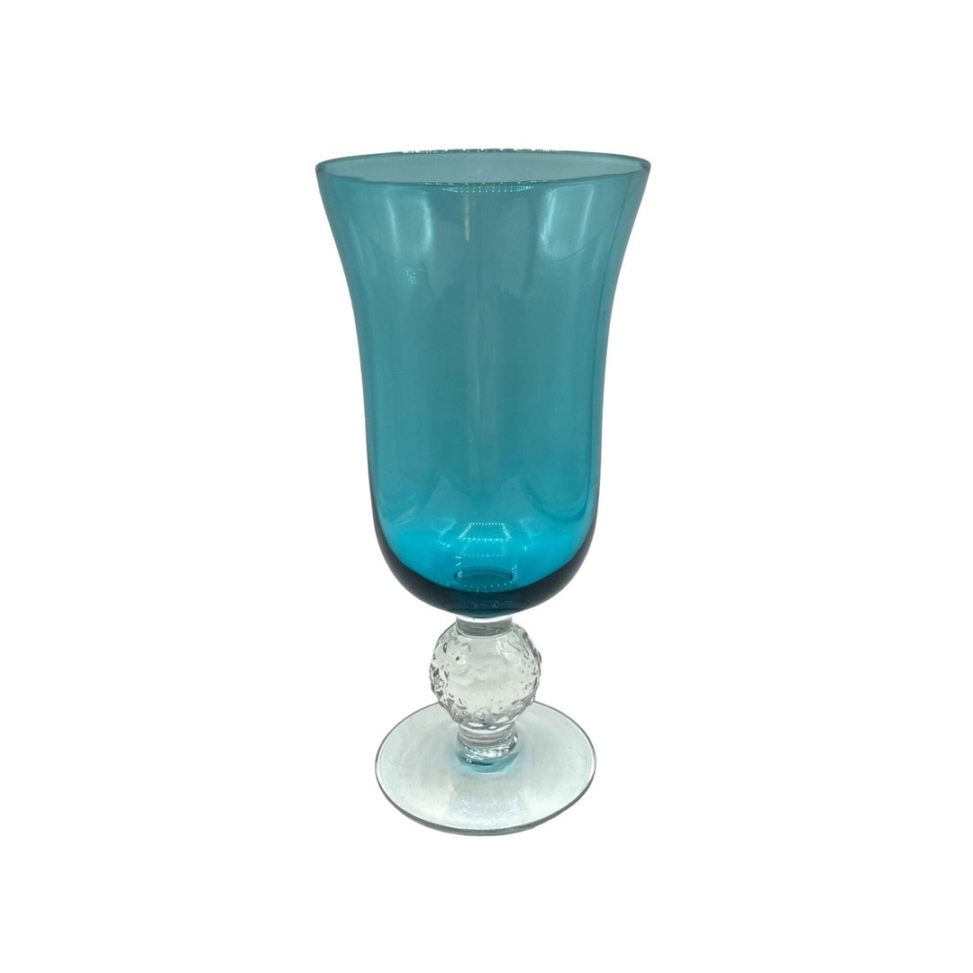 Vintage Handcrafted Aqua Blue Glass Goblet With Clear Textured Stem ...