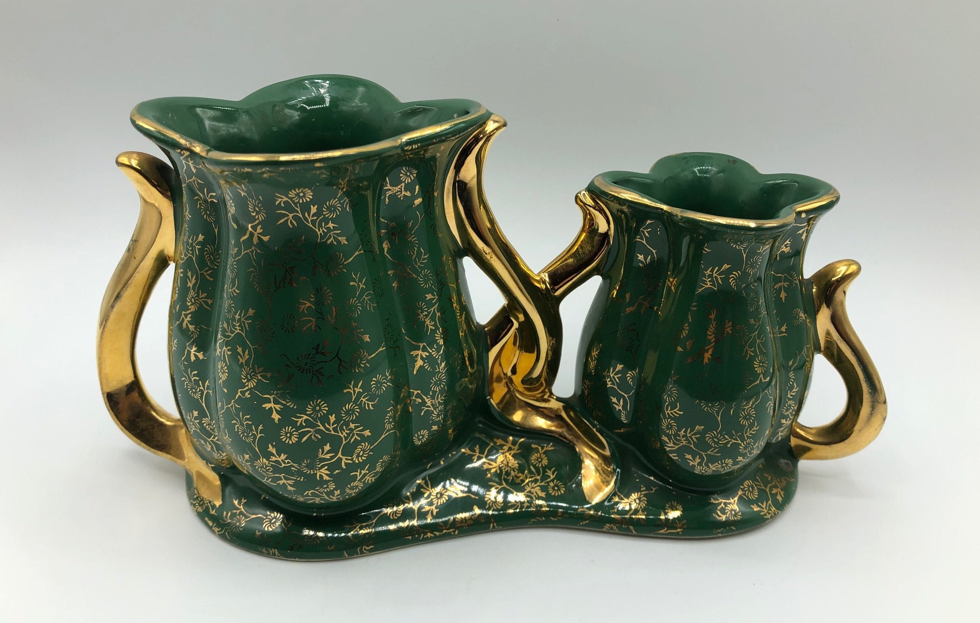 Green Double Vase With 22 K Gold by Pearl China Co. Made in USA. 3.75 ...