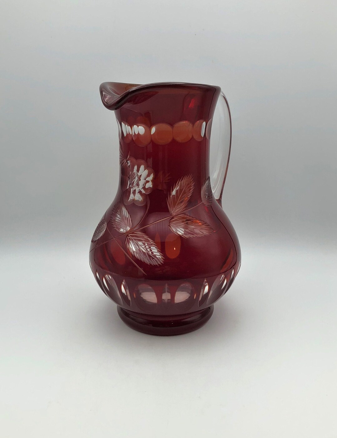 Vintage Ruby Red Cut to Clear Glass Pitcher. Cut Flower Leaves and ...