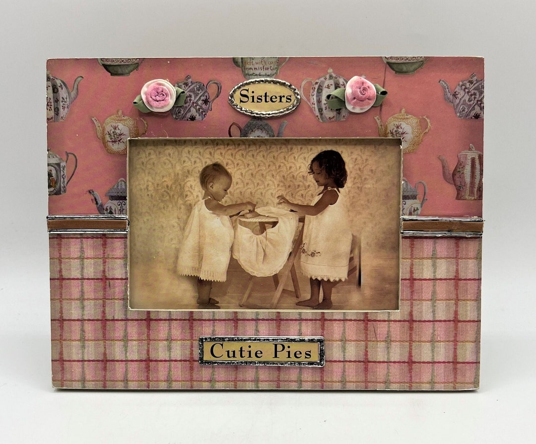 Vintage Sisters Cutie Pies Picture Frame With Fabric Roses Teapots and ...