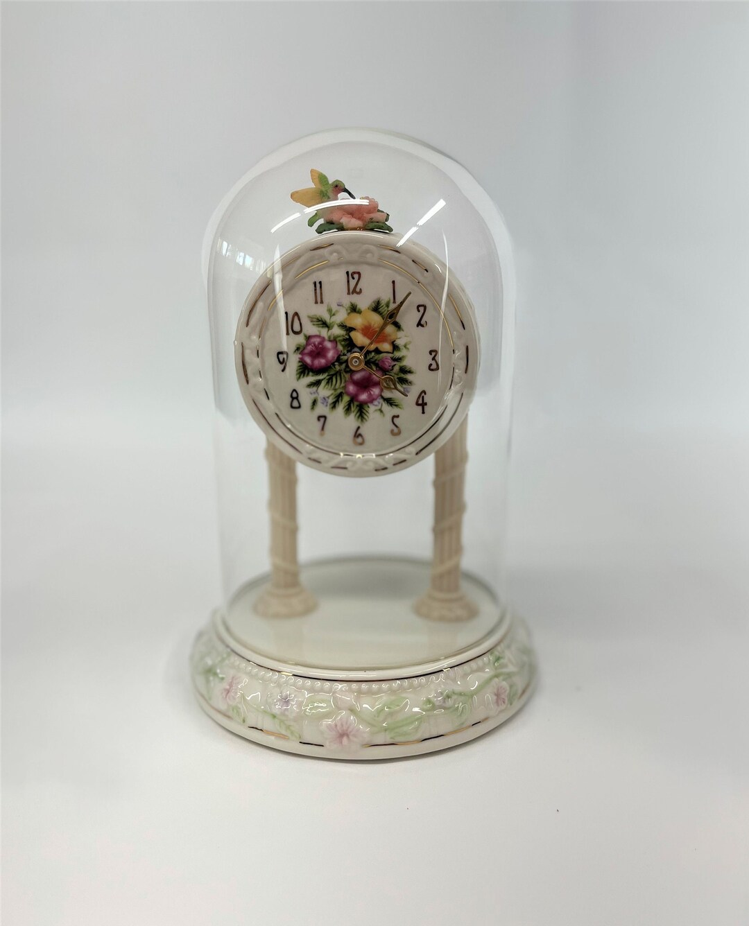 Vintage Porcelain Clock With Glass Dome Flowers Hummingbird Gold ...