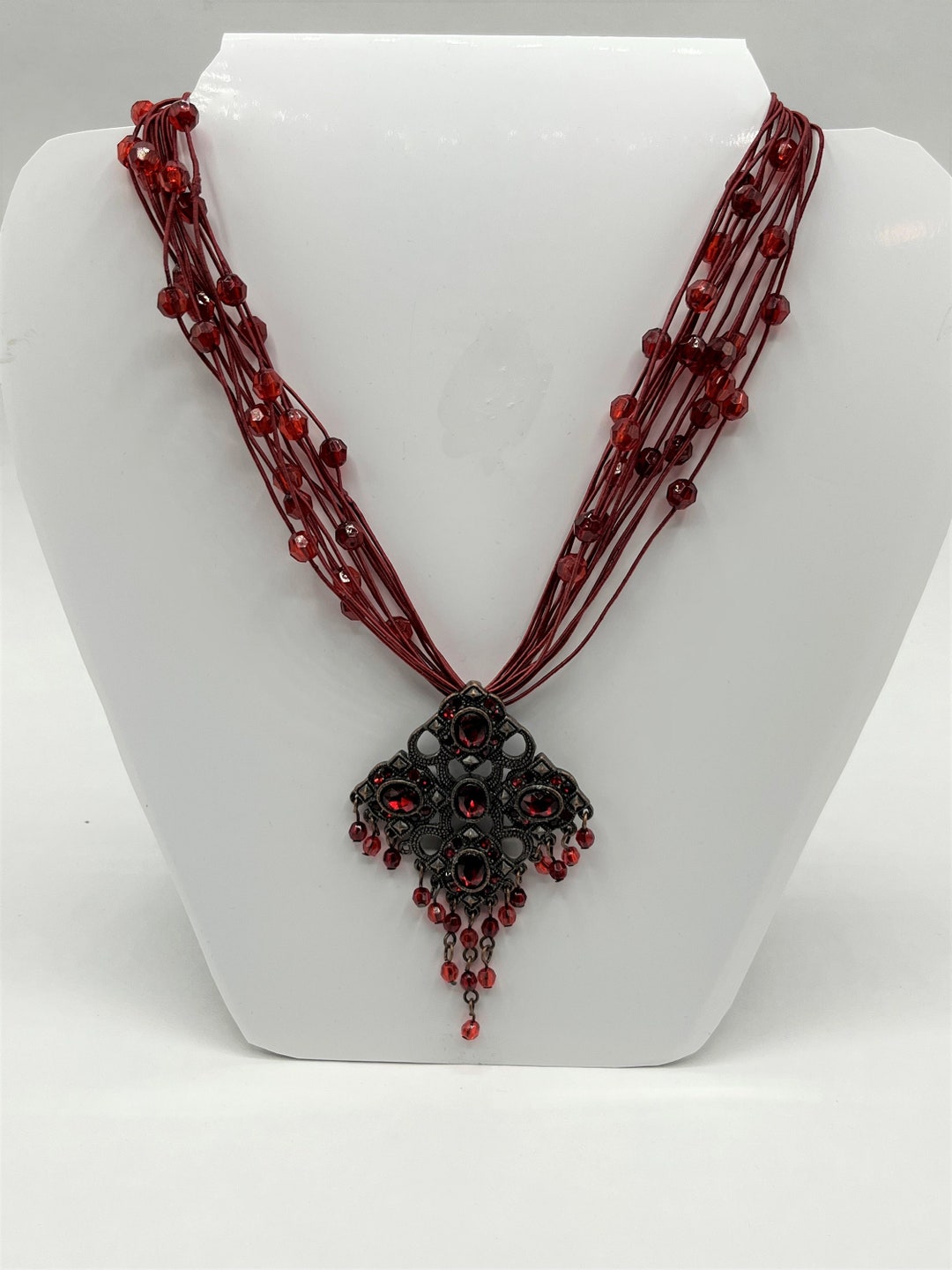 JS Pendant Necklace Large Metal Antique Look Setting With Ruby Color ...