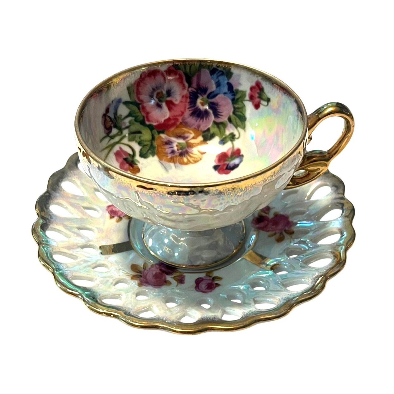 Vintage Lusterware Iridescent Floral Tea Cup & Saucer Set With Gold ...