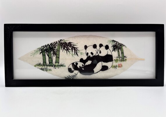 Chinese Panda Banyan Leaf Painting Framed With Glass. - Etsy