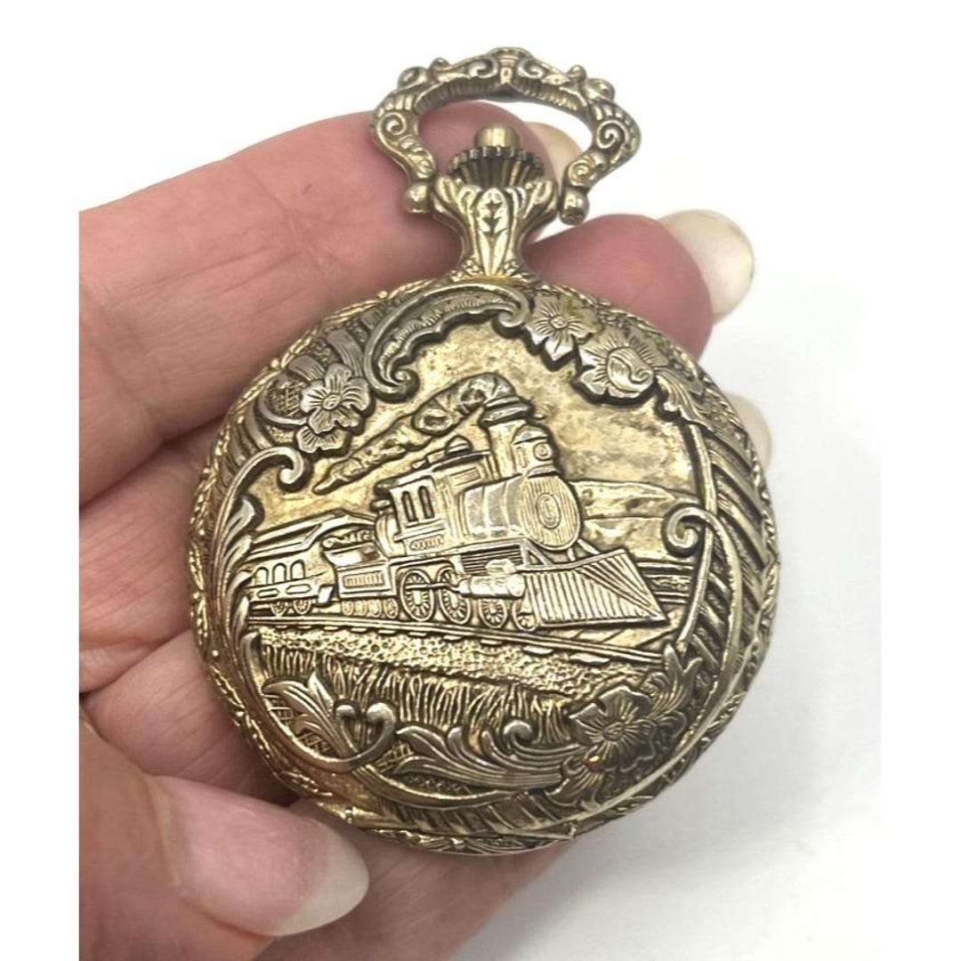 Antique-style Gold-tone Citron Pocket Watch With Embossed Steam Train ...