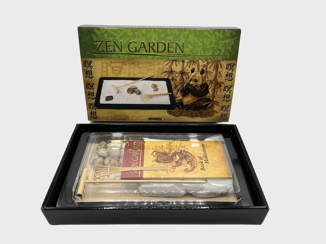 Zen Garden Complete Set Tray Sand Rocks Wooden Rake Book of Meditations ...